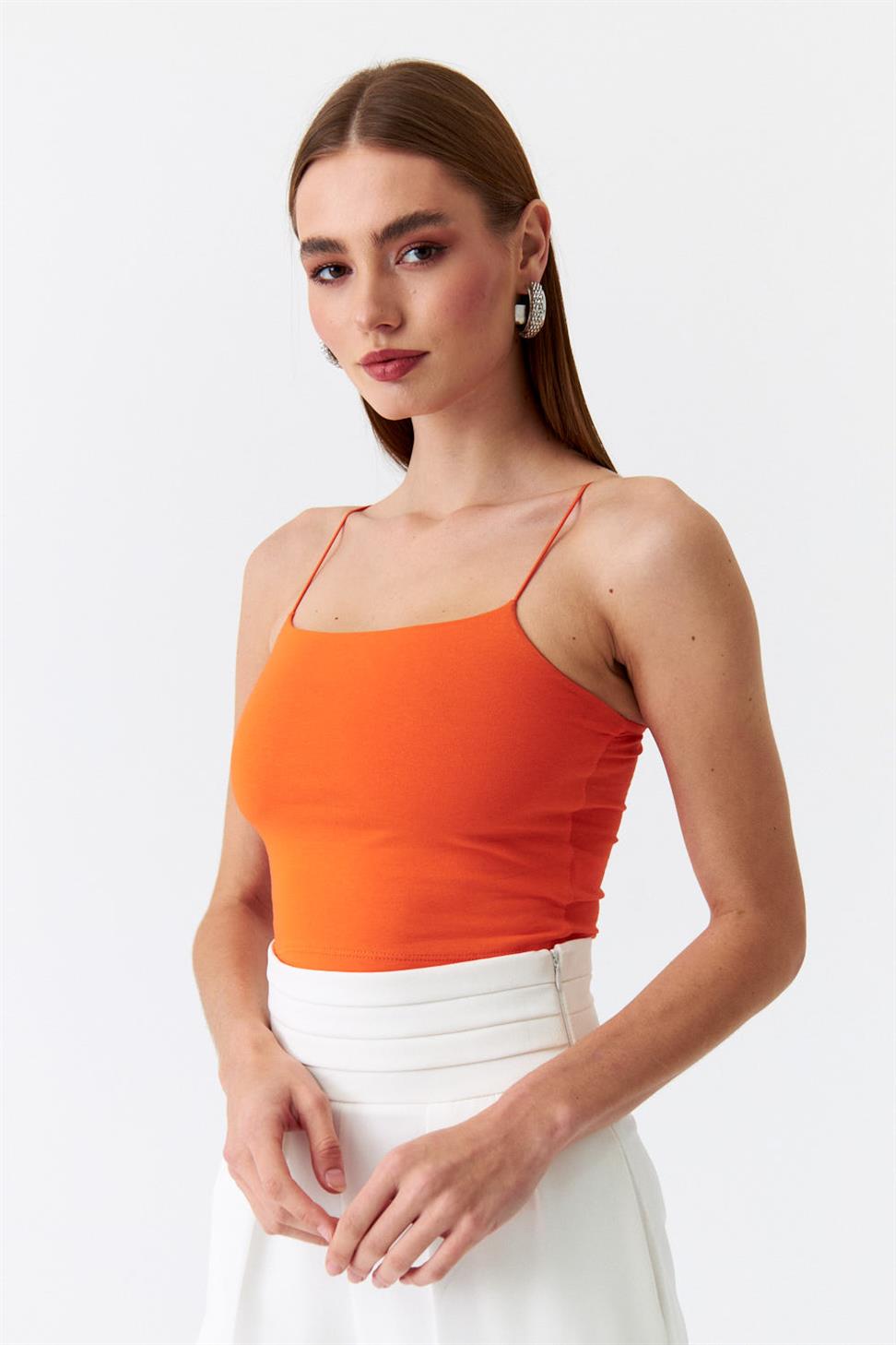 Turuncu İp Askılı Crop Top - Tuba Butik
