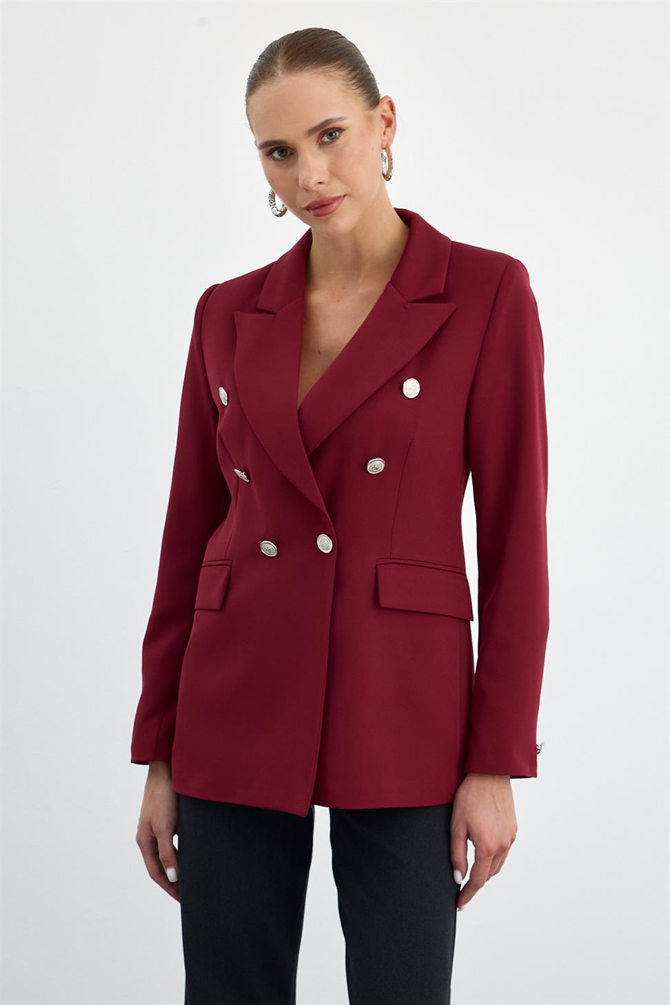 Bordo Kruvaze Blazer Kadın Ceket - Tuba Butik