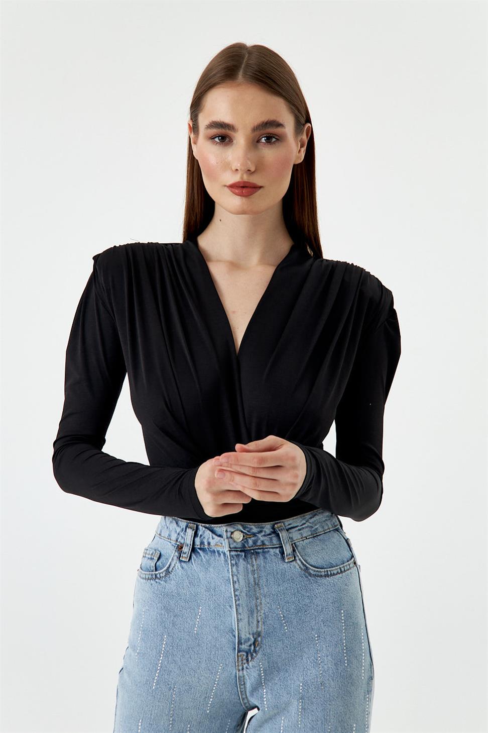 Kruvaze Yaka Siyah Bodysuit | Tuba Butik