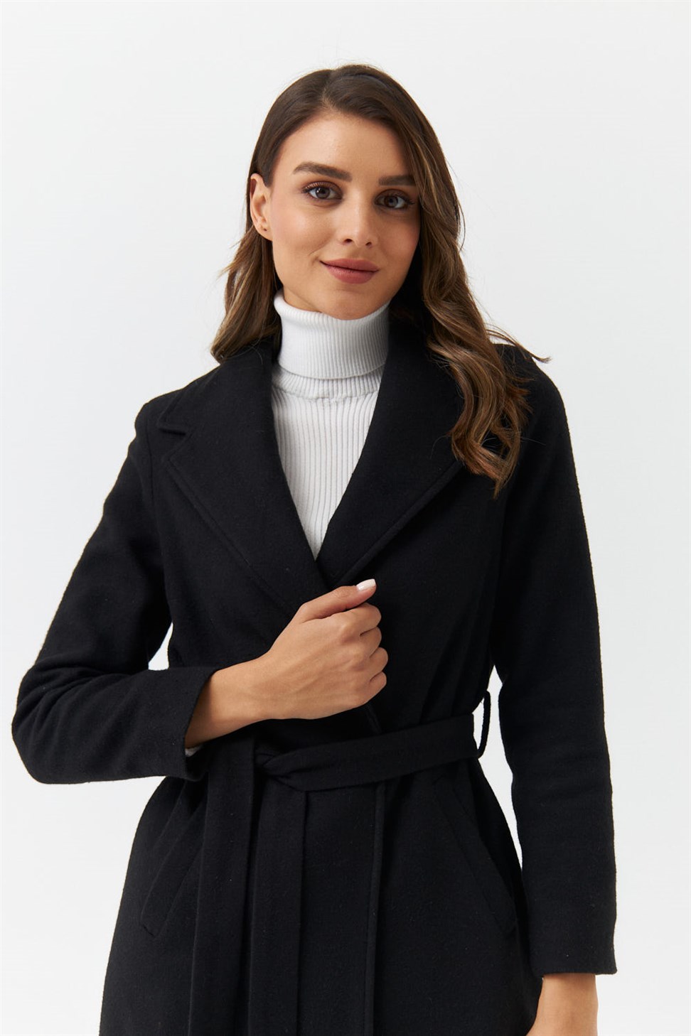 Kuşaklı Siyah Kadın Kaşe Kaban | Tuba Butik