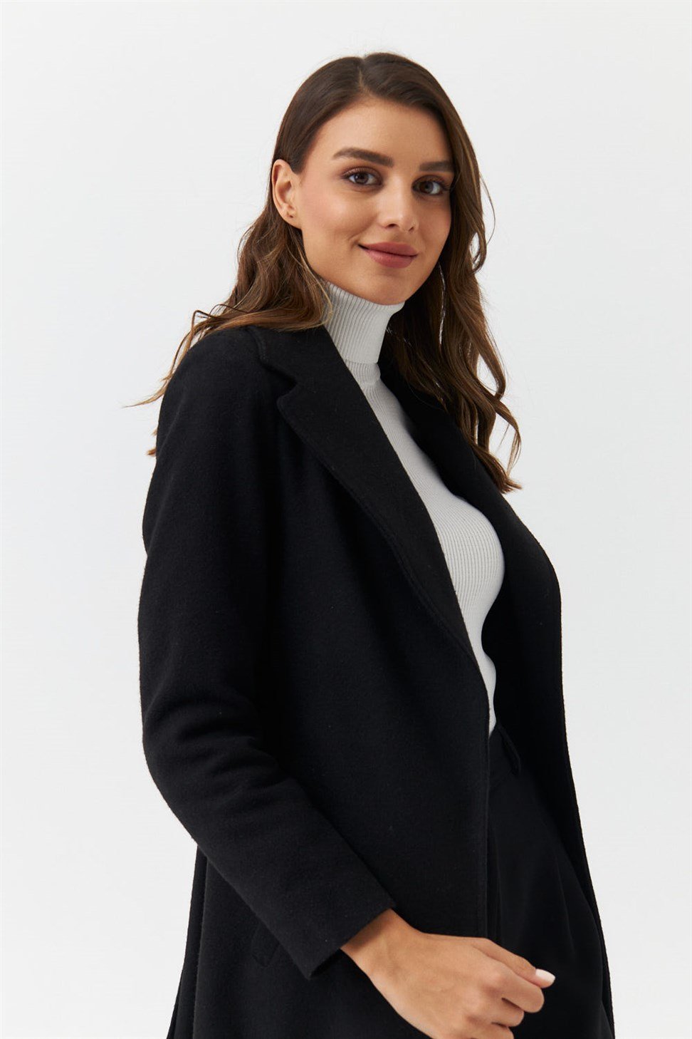 Kuşaklı Siyah Kadın Kaşe Kaban | Tuba Butik