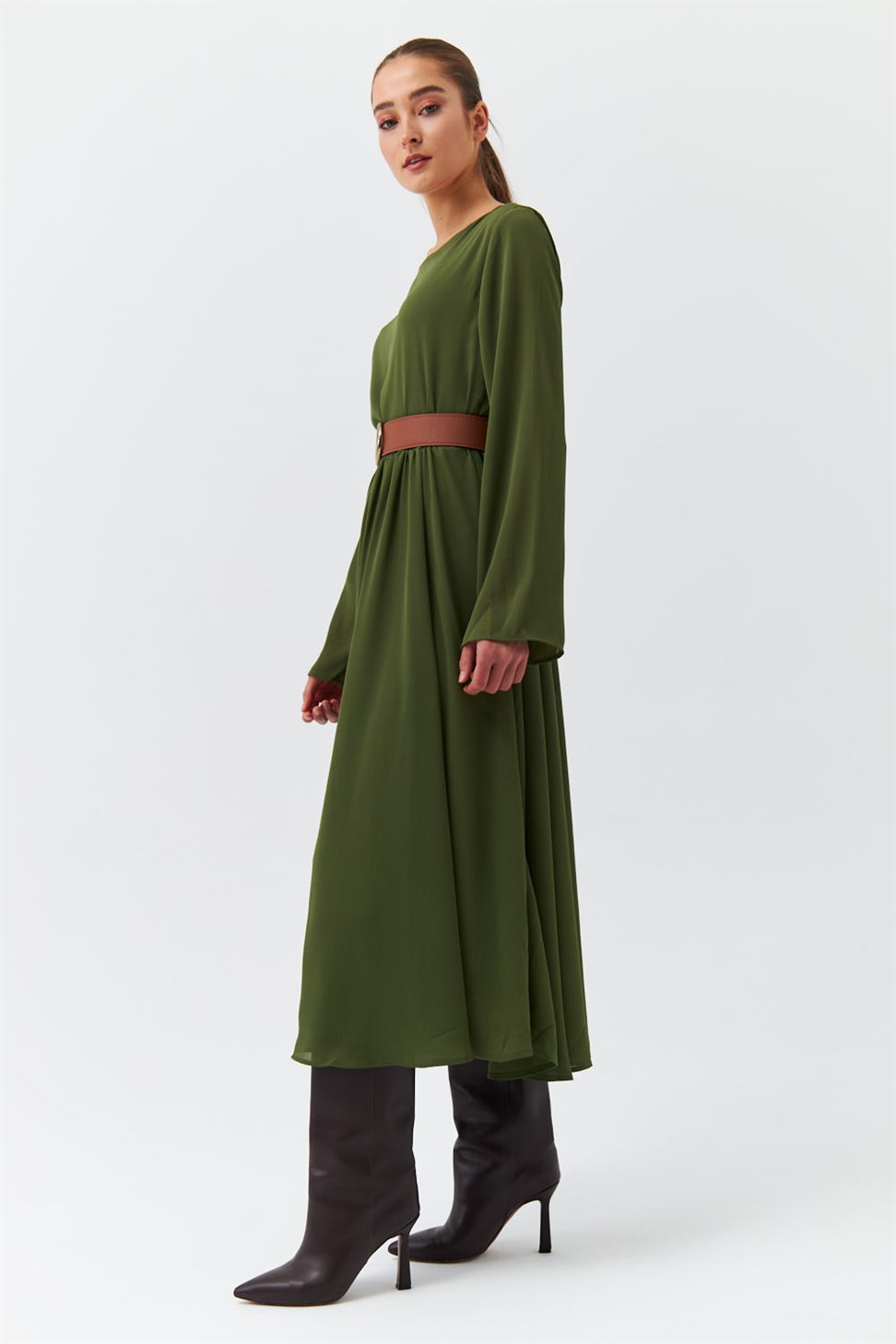 Modest Bike Neck Arched Chiffon Green Dress | Tuba Butik