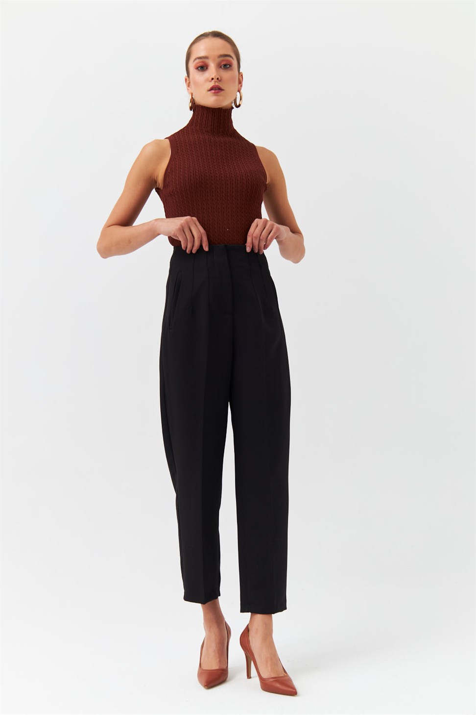 Modest High Waist Black Women's Fabric Pants | Tuba Butik