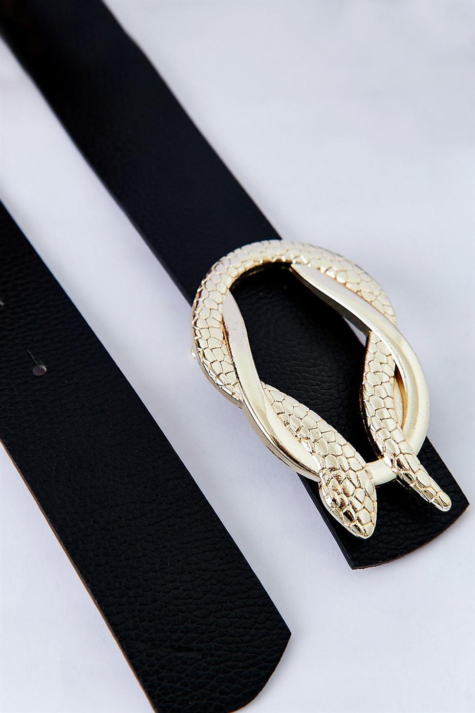 Snake Figured Gold Buckle Black Women's Belt