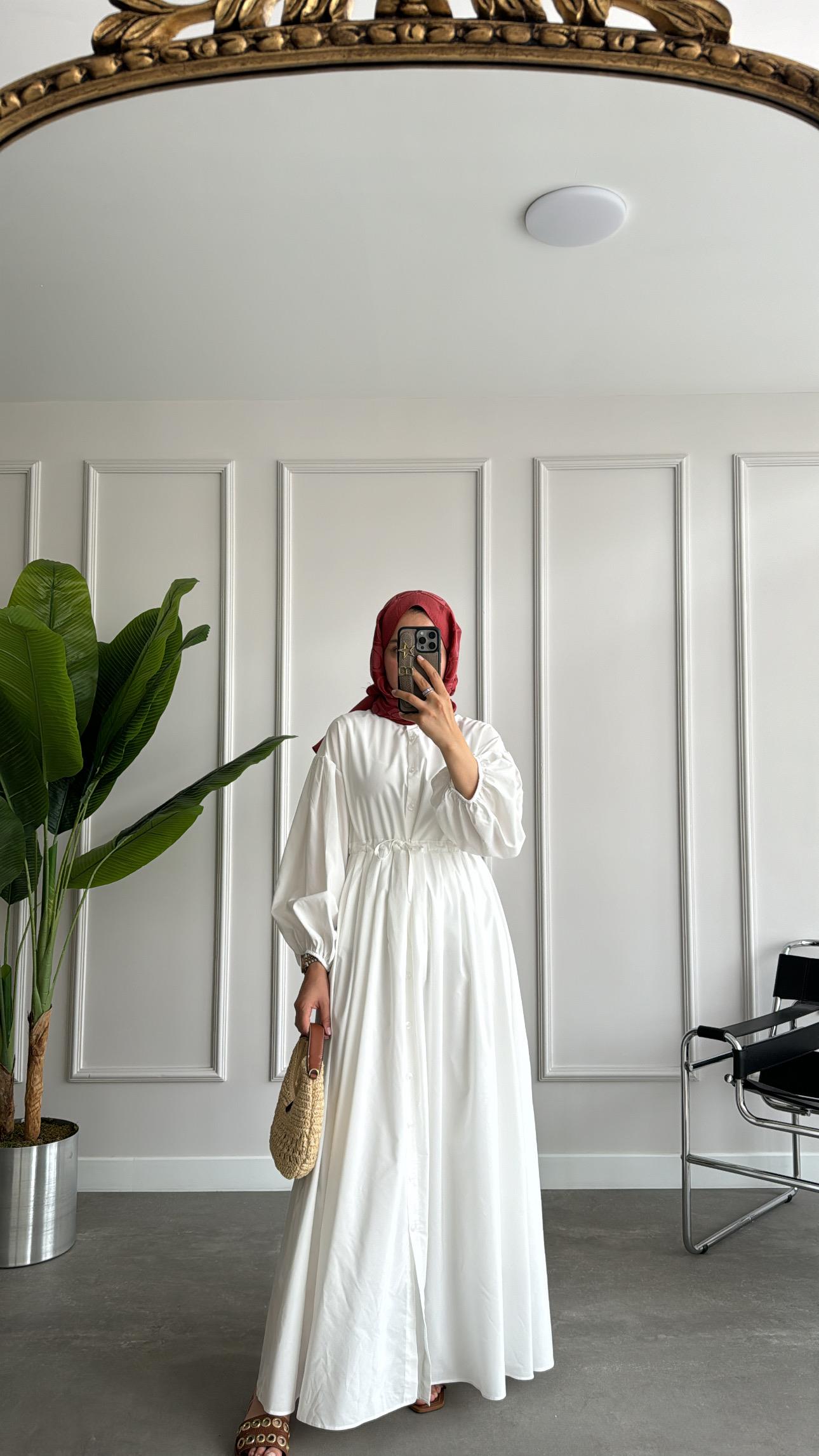 Tasarım Piliseli Elbise - Beyaz