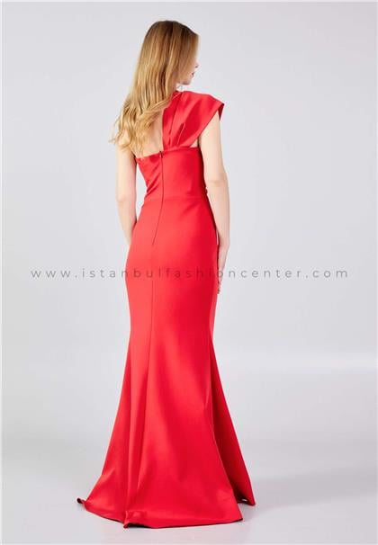 Rengin One Shoulder Maxi Crepe Mermaid Regular Red Wedding Guest Dress