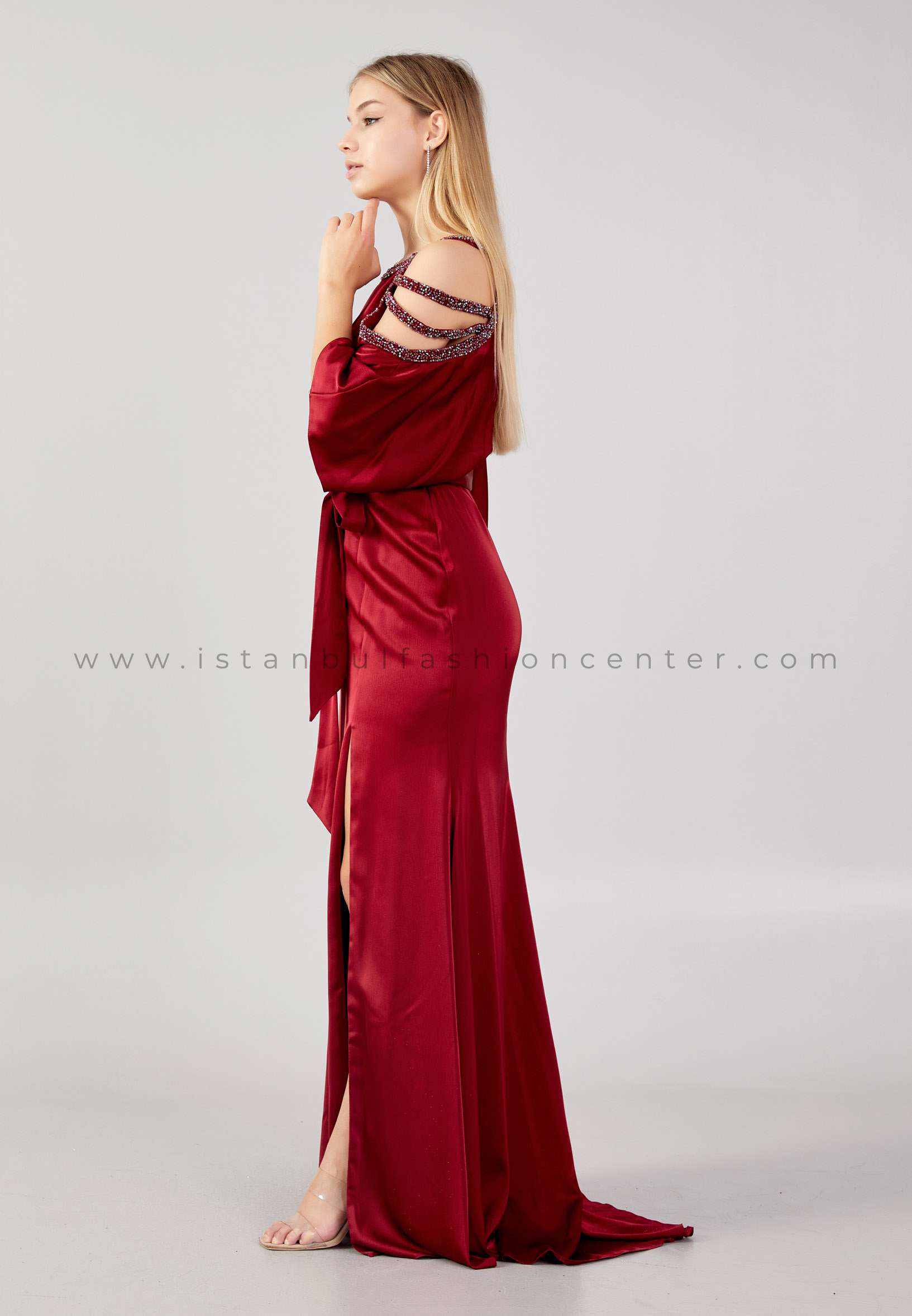 Fumee Off Shoulder Maxi Satin Mermaid Plus Size Burgundy Wedding Guest