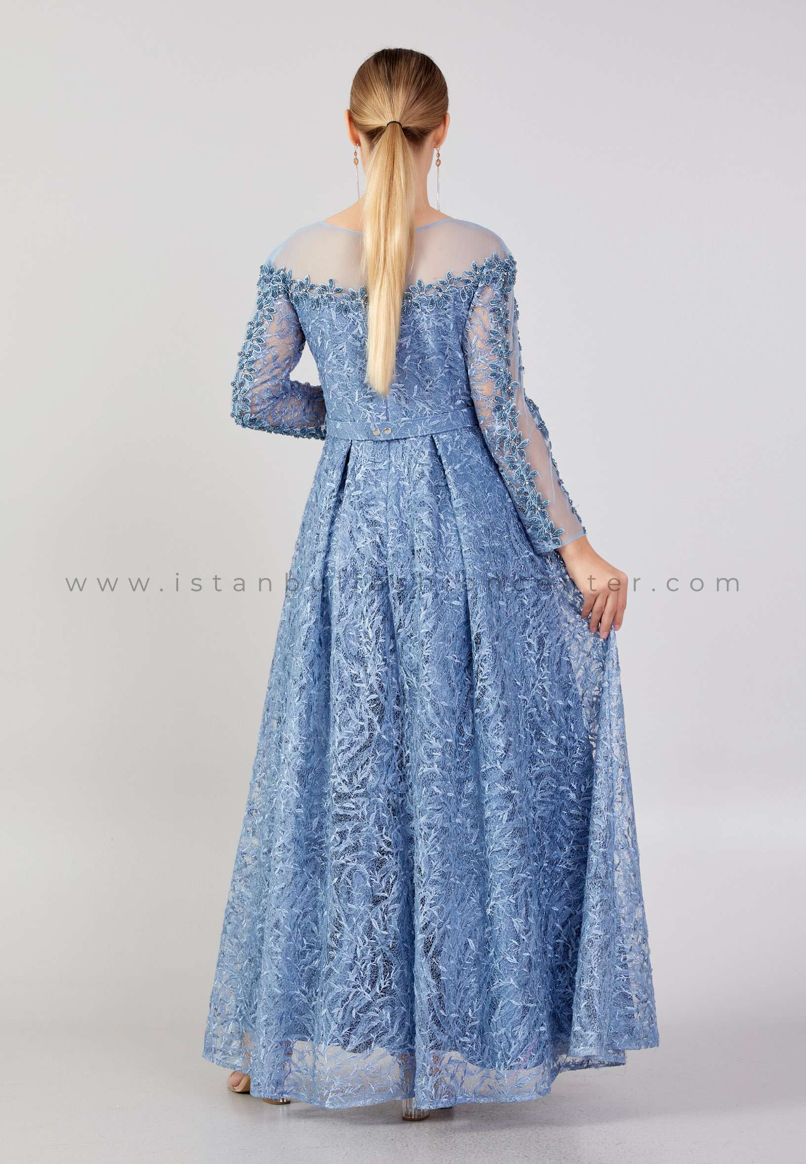 Hallmark Long Sleeve Maxi Tulle Column Plus Size Blue Prom Dress Bql2421ınd