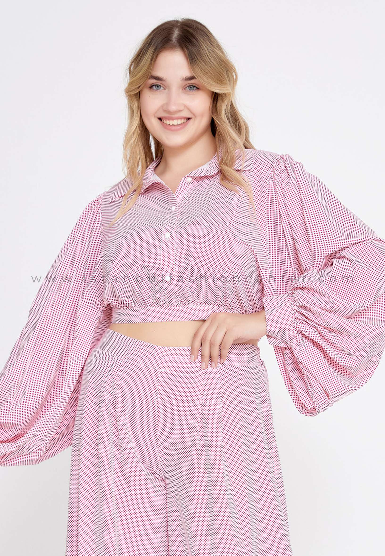POYES Long Sleeve Satin Solid Color Plus Size Pink Two-Piece Outfit ...