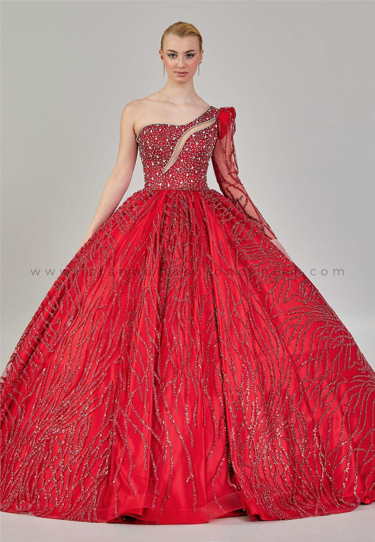 DENİSS One Shoulder Maxi Sequin Regular Red Engagement Dress Dns3291kır