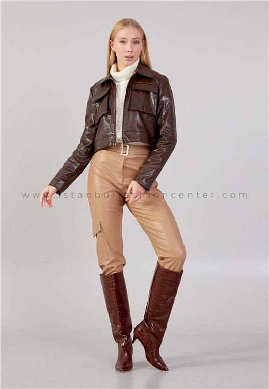 Juste Long Sleeve Faux Leather Solid Color Regular Brown Jacket Jst2023