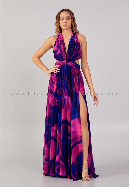 Şeref Vural Sleeveless Maxi Chiffon Column Regular Fuchsia Navy Evening
