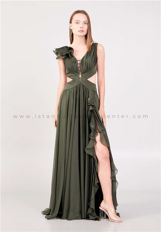 Şeref Vural Sleeveless Maxi Tulle Column Regular Green Wedding Guest