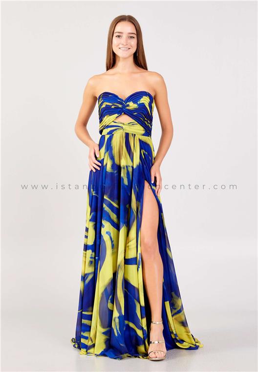 Şeref Vural Strapless Maxi Chiffon Column Regular Yellow Blue Prom