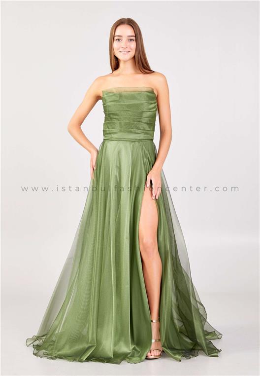 Şeref Vural Strapless Maxi Tulle Column Regular Green Prom Dress Srf8031ysl
