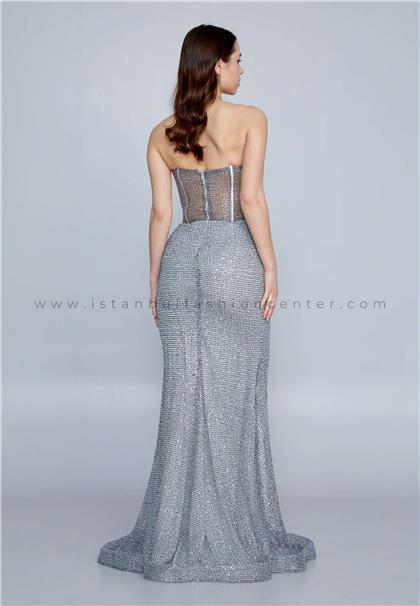 Hallmark Strapless Maxi Sequin Mermaid Regular Grey Wedding Guest Dress