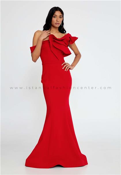 Allure Off Shoulder Maxi Crepe Mermaid Regular Red Wedding Guest Dress