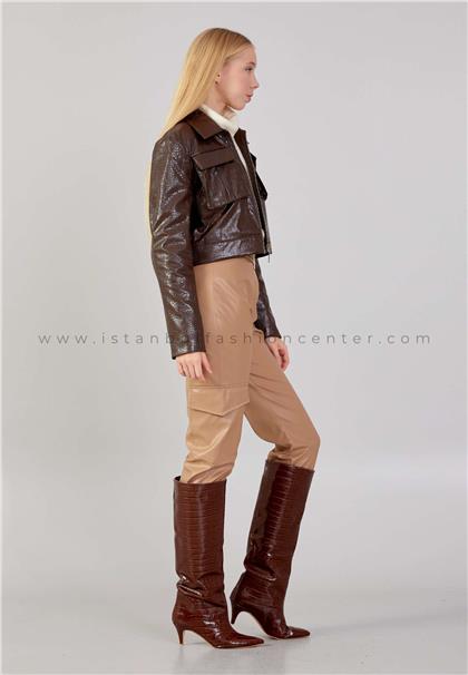 Juste Long Sleeve Faux Leather Solid Color Regular Brown Jacket Jst2023