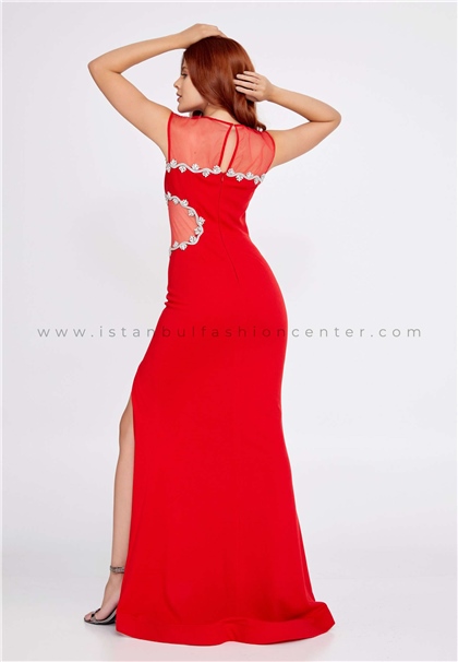 Matini Sleeveless Maxi Crepe Mermaid Regular Red Evening Dress Mtn2291kır
