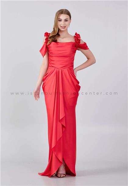 RENGIN Off Shoulder Maxi Satin Column Regular Red Wedding Guest Dress ...