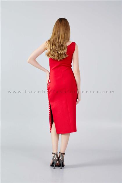 RENGIN One Shoulder Midi Crepe Column Regular Red Evening Dress Ren7174kır