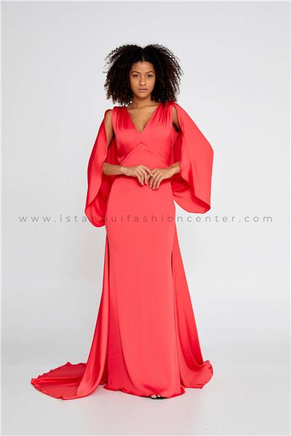 RENGIN Sleeveless Maxi Satin Column Regular Red Evening Dress Ren6147kır