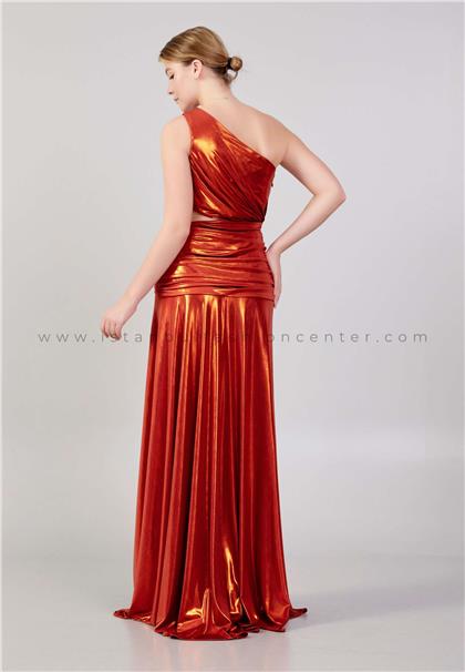 Şeref Vural One Shoulder Maxi Lycra Column Regular Orange Evening Dress