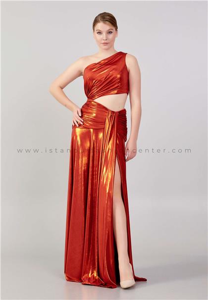 Şeref Vural One Shoulder Maxi Lycra Column Regular Orange Evening Dress