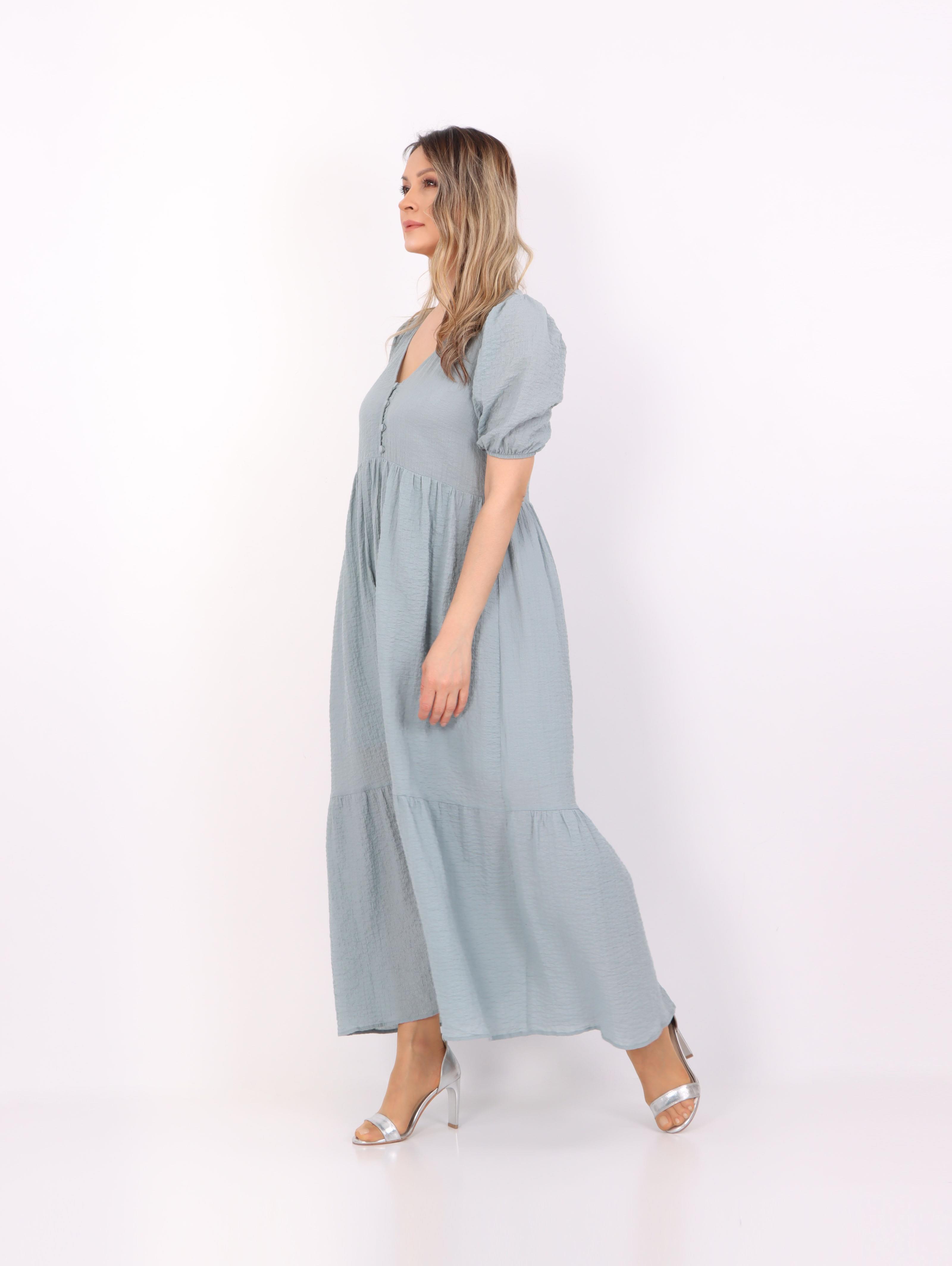 V Yaka Elbise (Pastel Mavi)