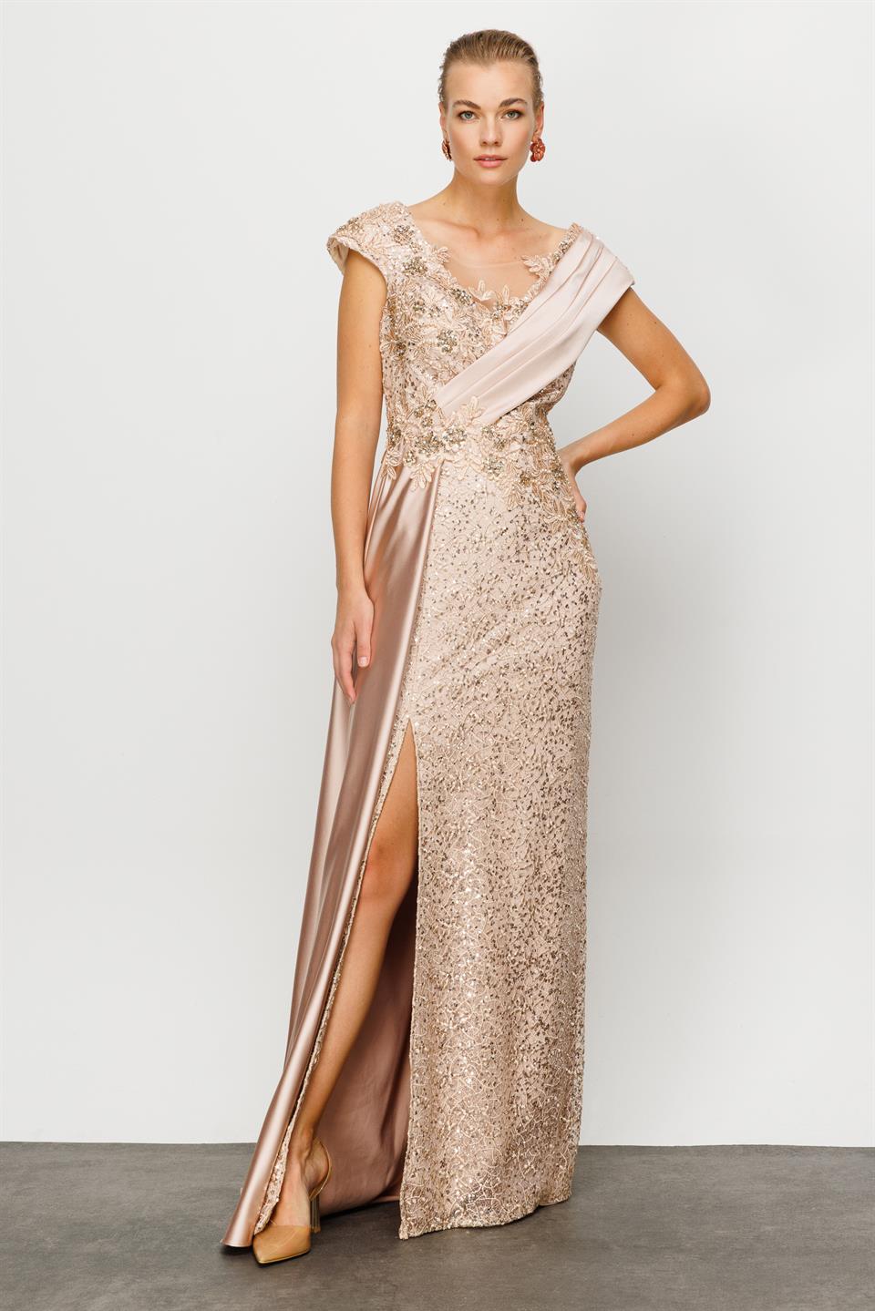 Full Taşlı Nude Rengi Gece Elbise | Nefeli Store