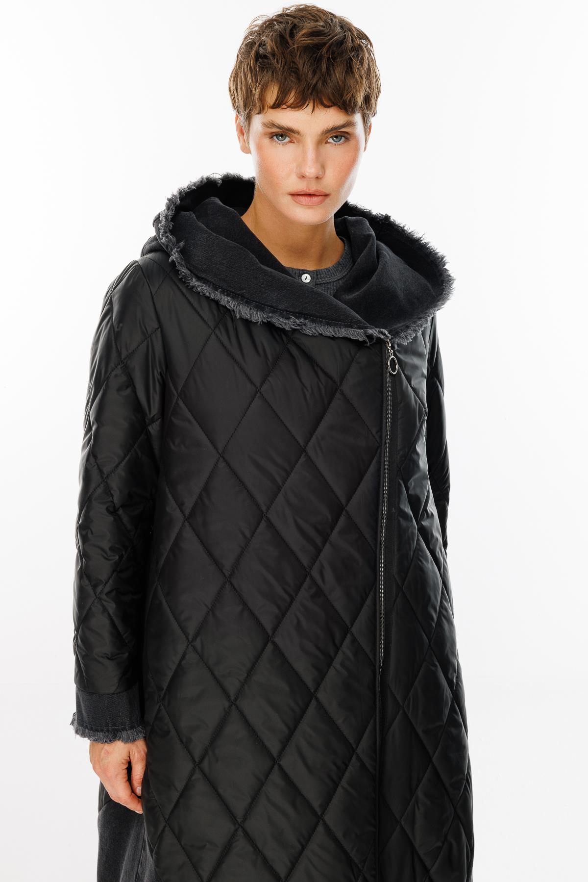 MJean Kapitone Dolgulu ve Denim Kot Garni Spor Kaban Trench-Siyah