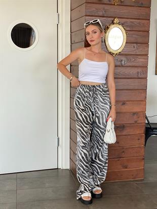 Zebr Desen Saten Dokulu Beli Lastikli Palazzo Pantolon - Nişantaşı Butiks