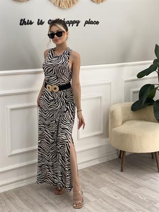 Zebr Desen Sırt Çapraz Detaylı Elbise