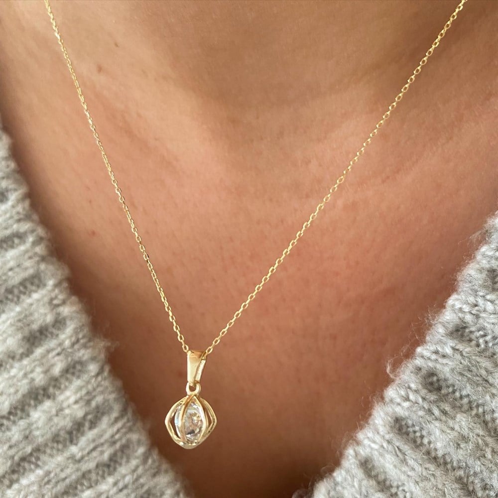 14K Altın Tektaşlı Kafes Kolye