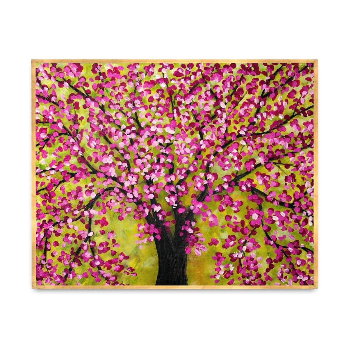 Pembe Çiçekli Ağaç Yağlı Boya Dokulu Tablo | tablolife.com