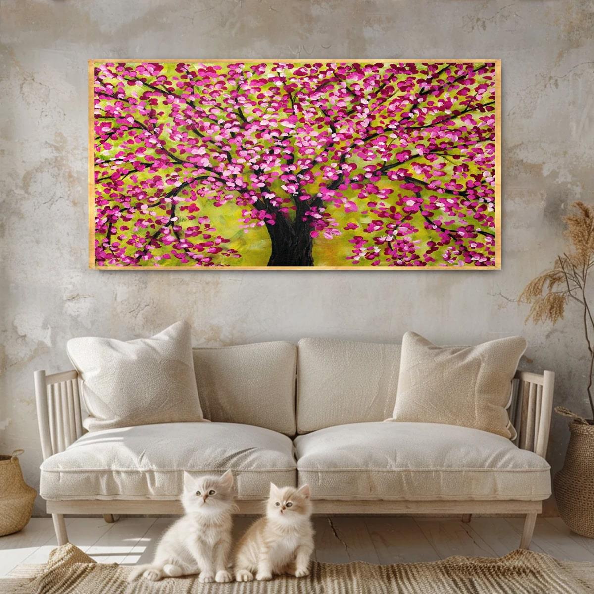 Pembe Çiçekli Ağaç Yağlı Boya Dokulu Tablo | tablolife.com