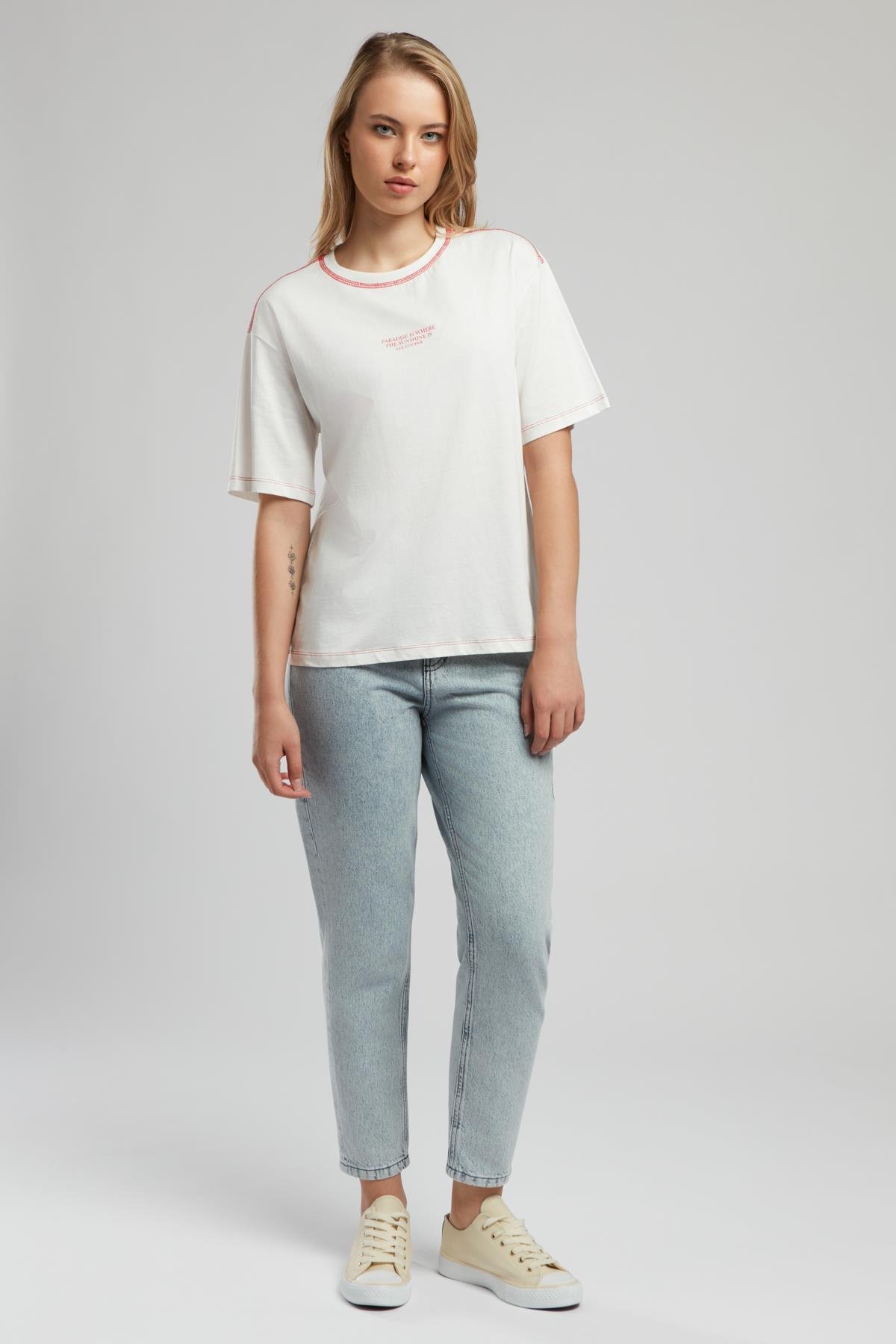 Karbe Kadın %100 Pamuk O Yaka T-Shirt Ekru-K