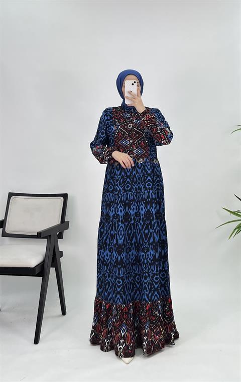 8854 C3+ Pamuk Viskon Kumaş Yarım Düğmeli Elbise Mavi