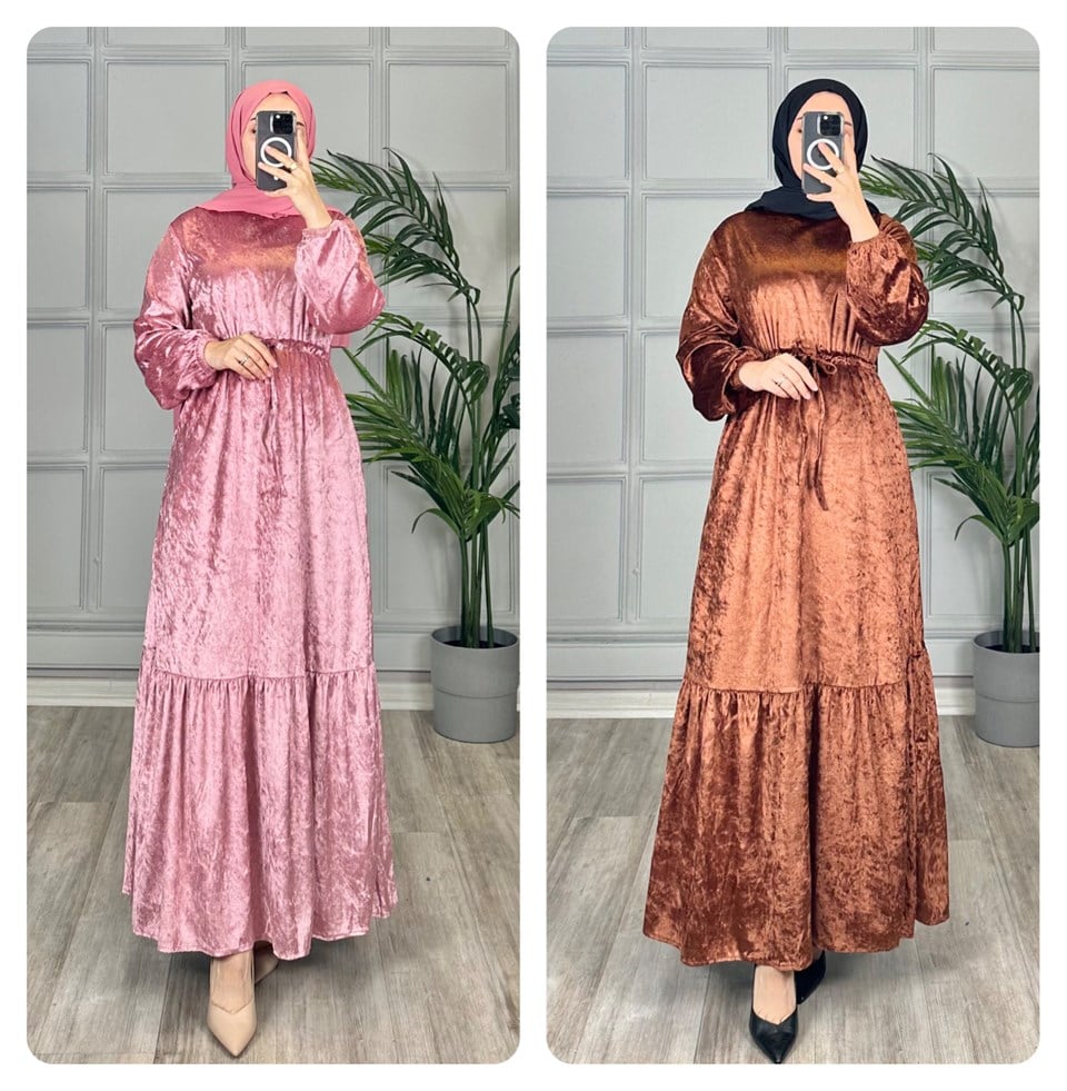 3092 E2 inci Kadife kumaş düz renk elbise