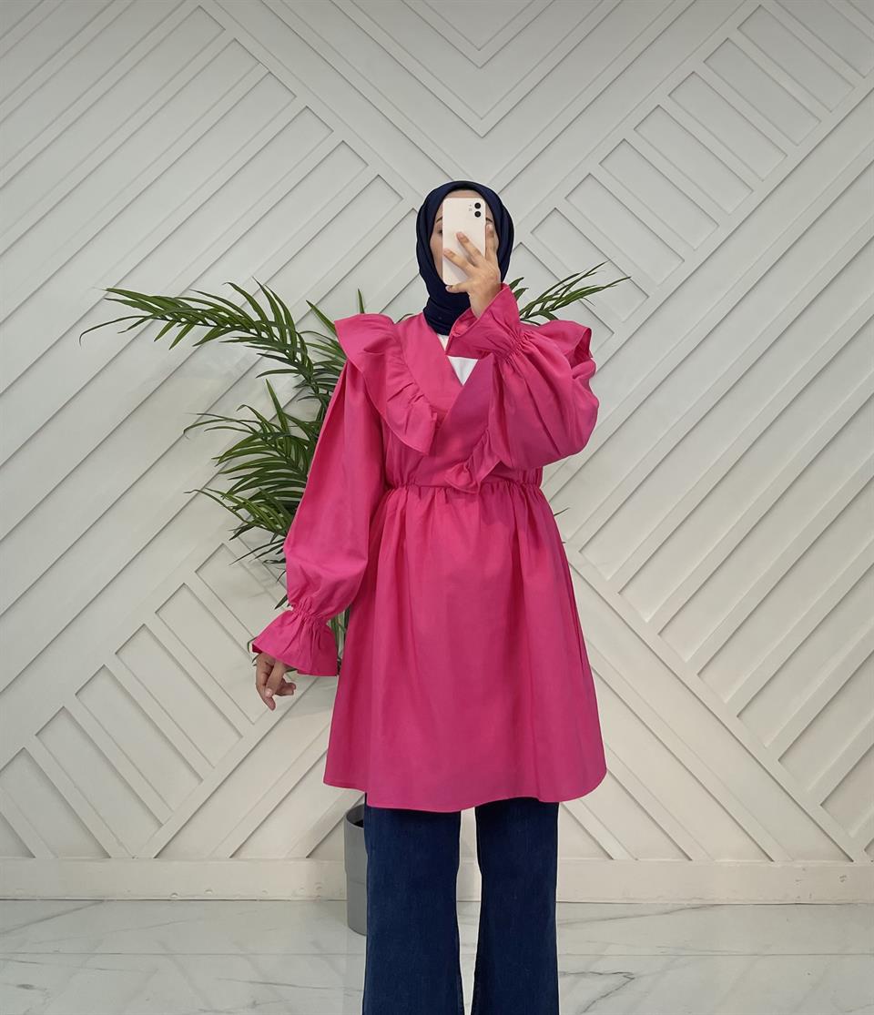 4092 K91+Alara Model Fırfır Detaylı Terikoton Kumaş Tunik FUŞYA