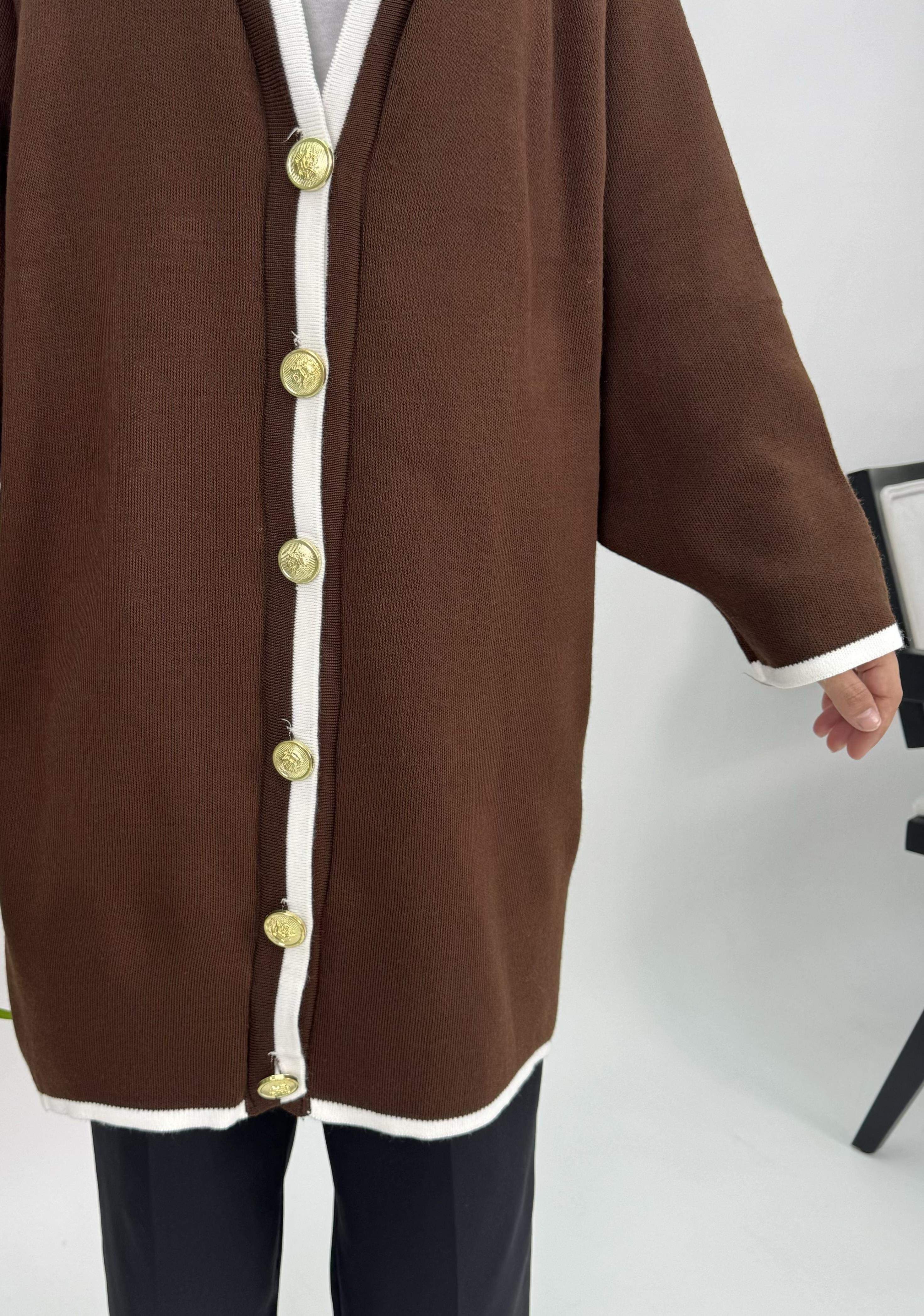 7267 K77+Altın Düğme Detaylı Triko Hırka Acı Kahve