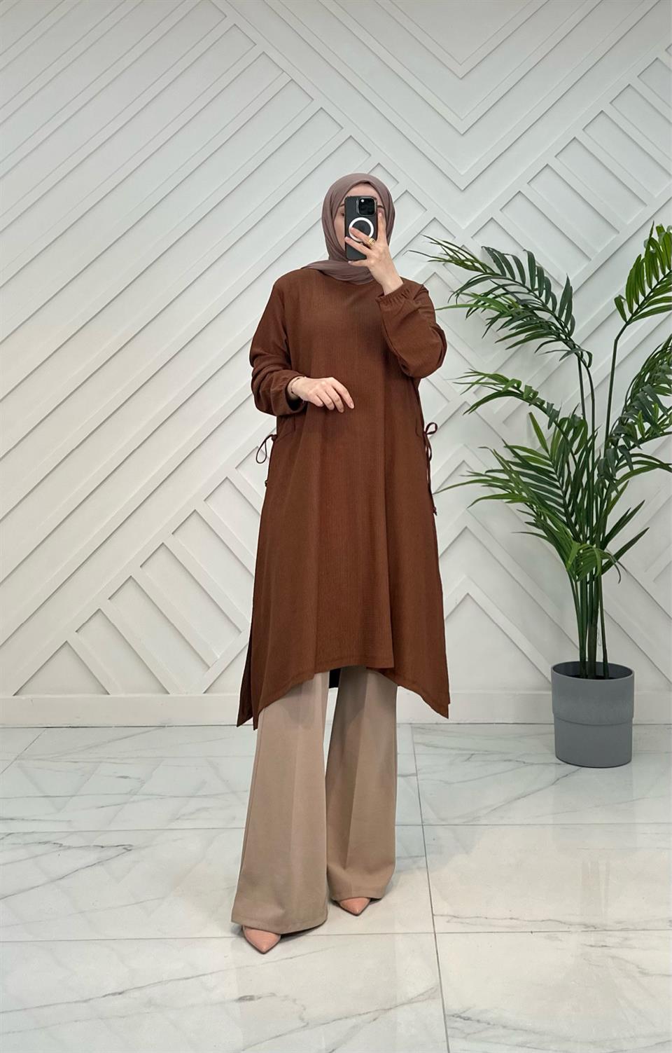 1232-J24 bürümcük kumaş büyük beden diz altı tunik acı-kahve