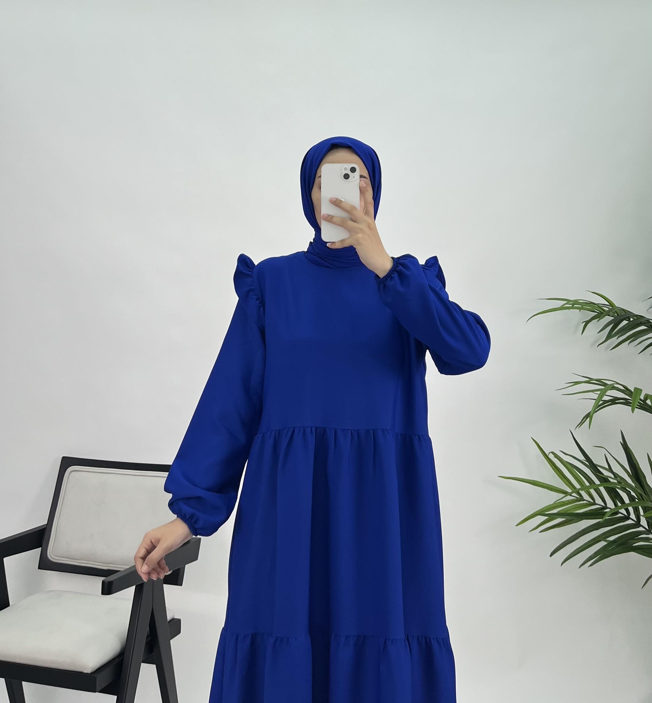 6256 J53+DABIL KUMAŞ OMZU FIRFIR DETAYLI ELBİSE SAKS MAVİ