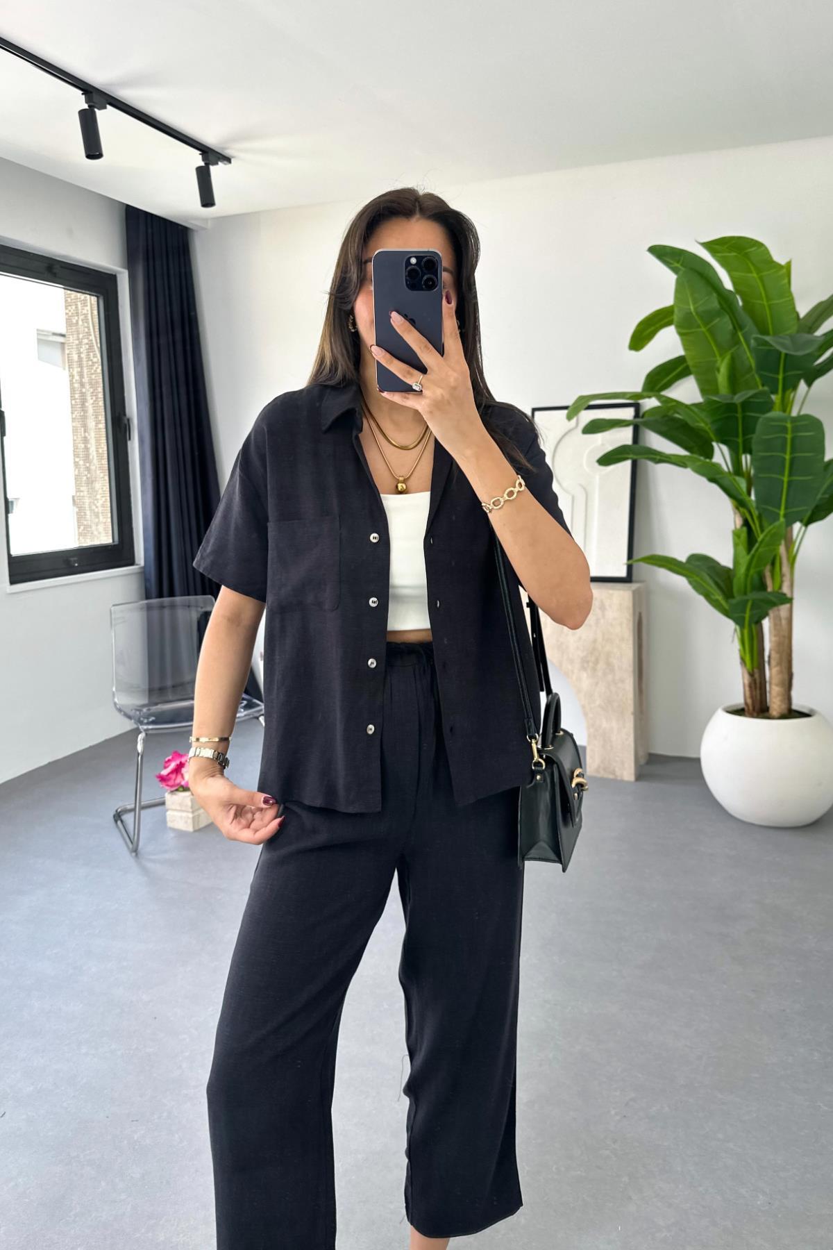 Kuly Siyah Kısa Kollu Keten Takım