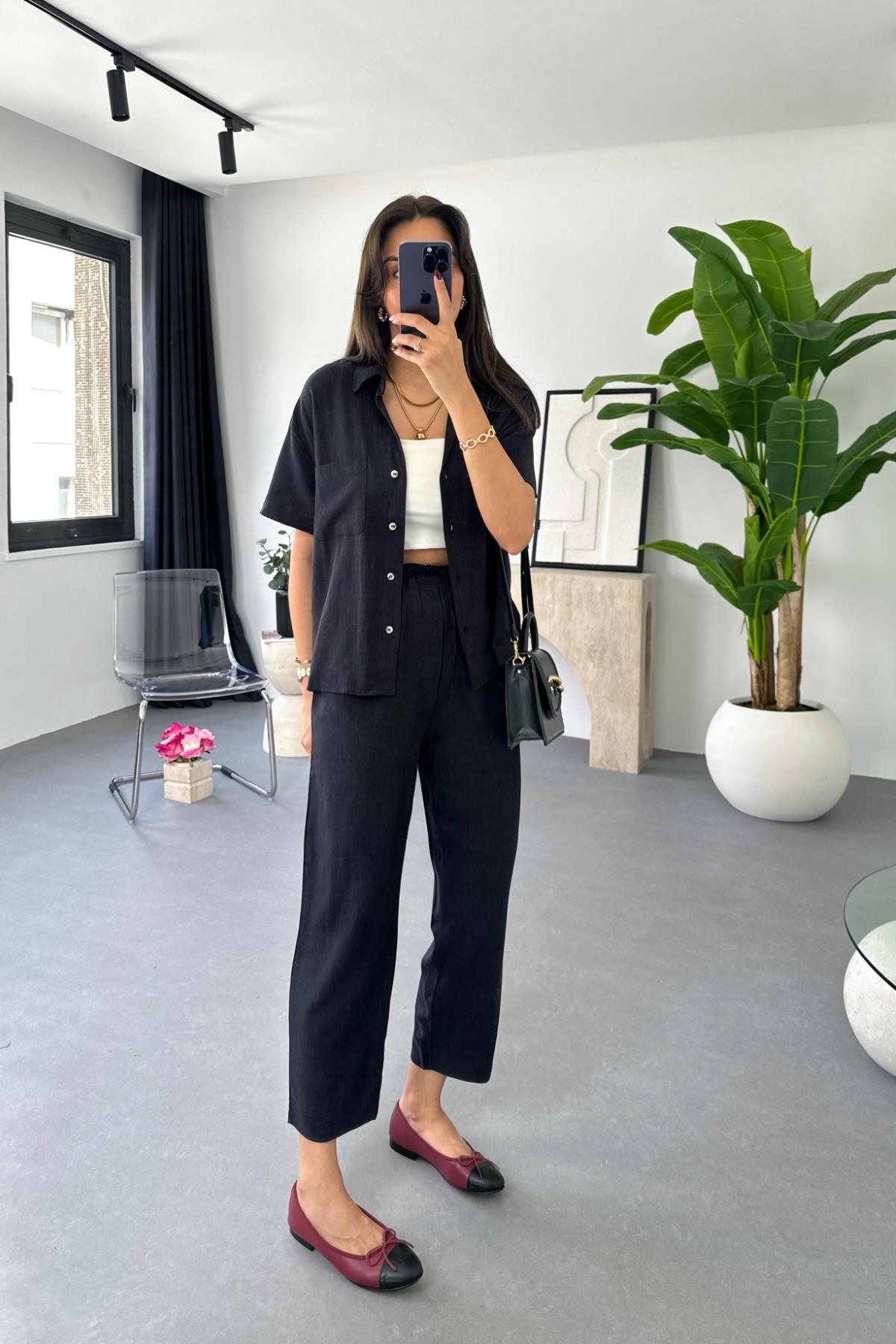 Kuly Siyah Kısa Kollu Keten Takım