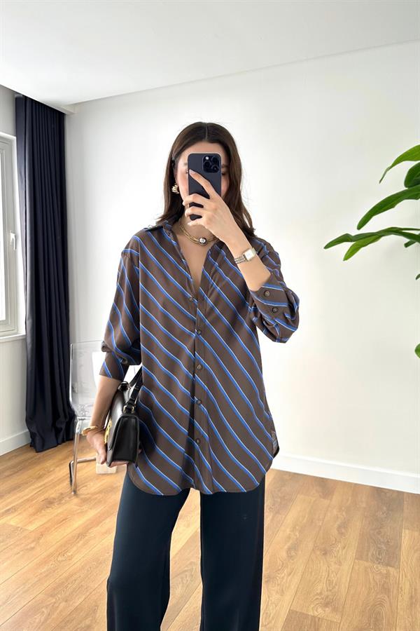 Heslan Kahve Mavi Çizgili Gömlek