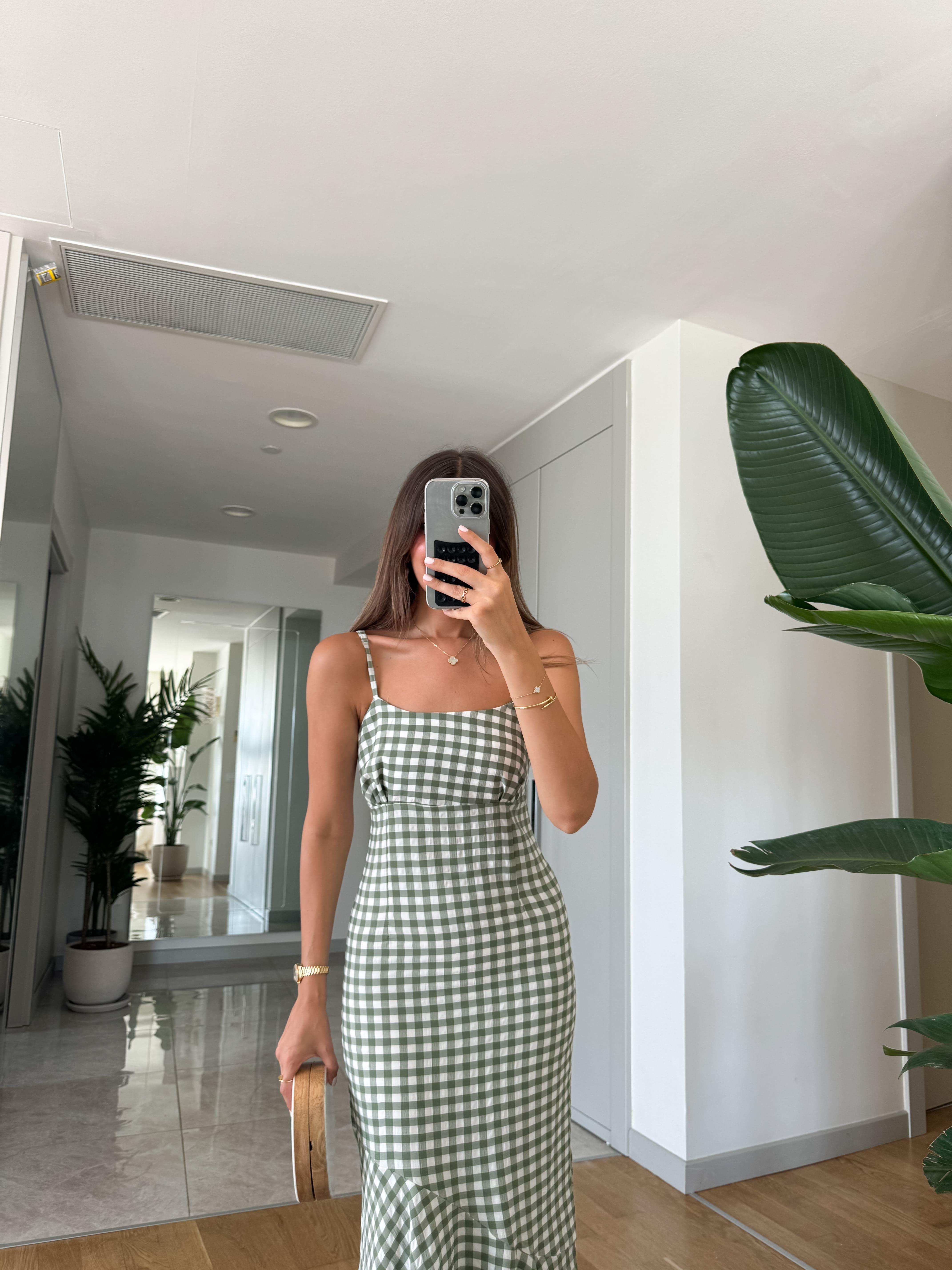 Pötikareli Askılı Elbise-Yeşil | Butik Merve Aksoy