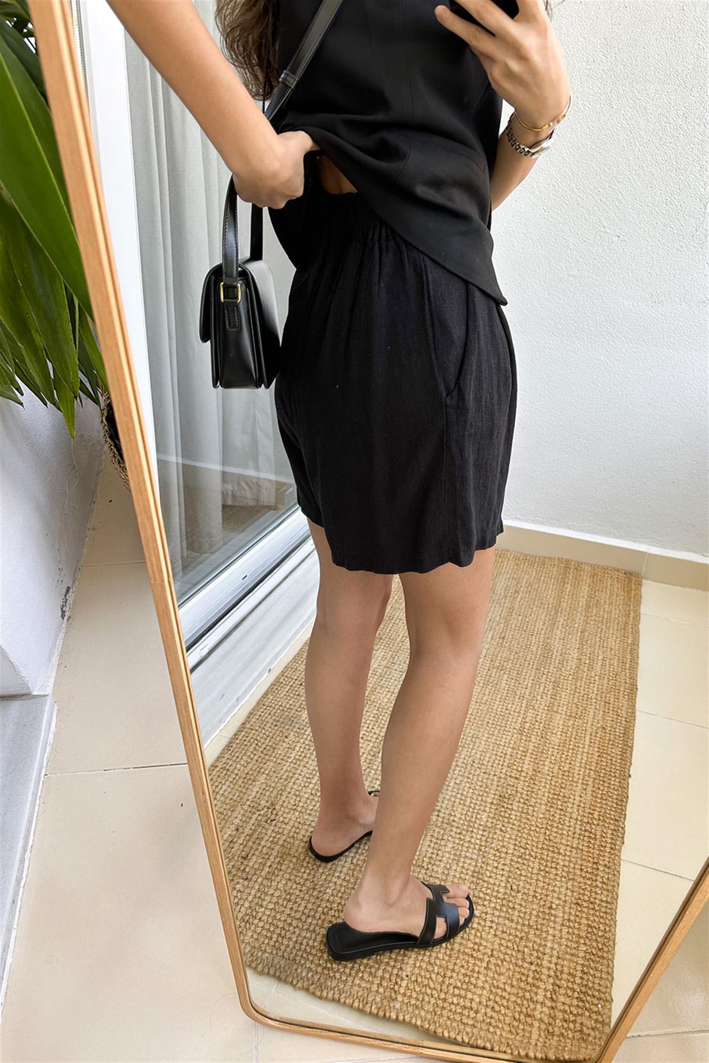 Vispy Keten Karışımlı Şort-Siyah