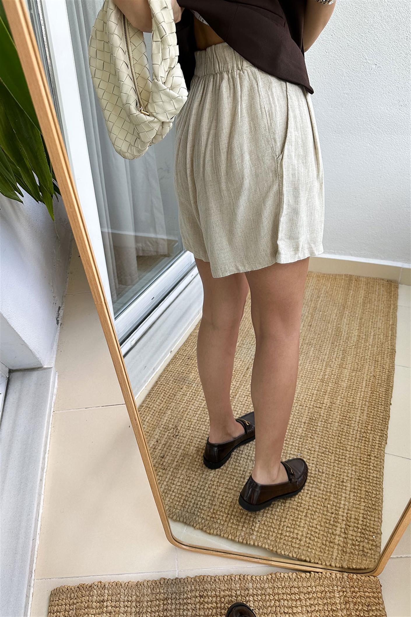 Vispy Keten Karışımlı Şort-Taş