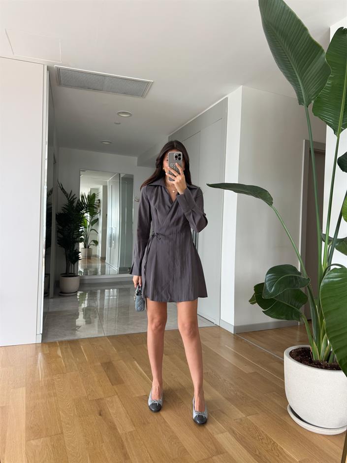 Zr Anvelop Bağlama Mini Elbise-Antrasit | Butik Merve Aksoy